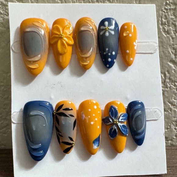 Makeup | Yellow And Navy Blue 3d Floral Press On Nails Almond Stiletto ...